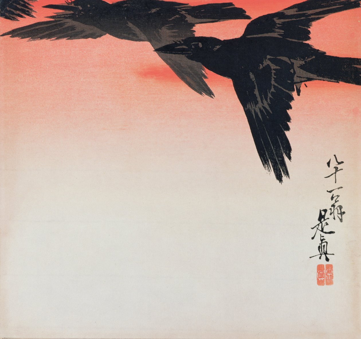 Crows in flight in a red sky by Shibata Zeshin